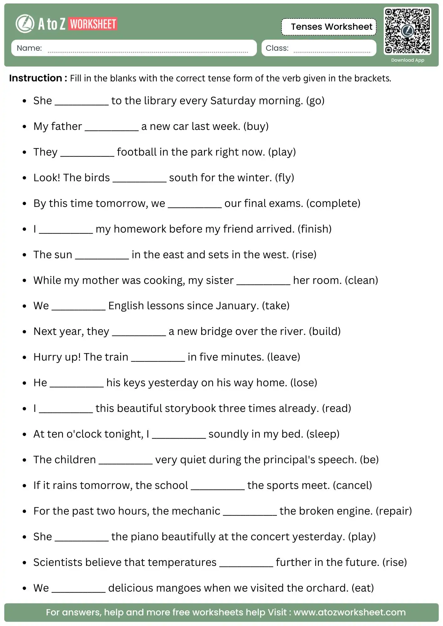 Tenses Worksheet With Answers and Free PDF - A to Z Worksheet